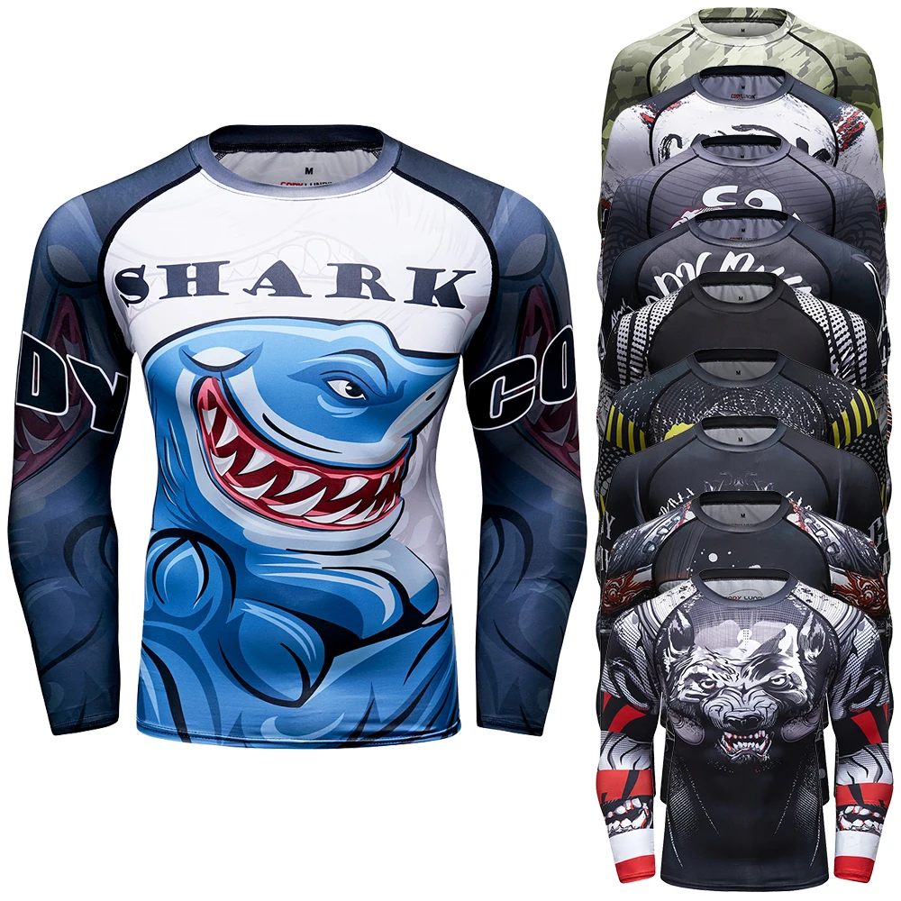 Long Sleeve MMA Compression T-Shirt Boxing No Gi Bjj Mma Surf Jiu Jitsu ...