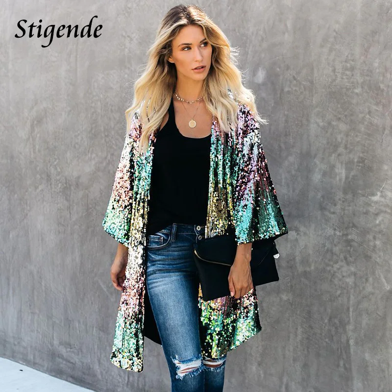 Sexy-V-Neck-Glitter-Sequin-Coat-for-Women-Flare-Sleeve-Shining ...