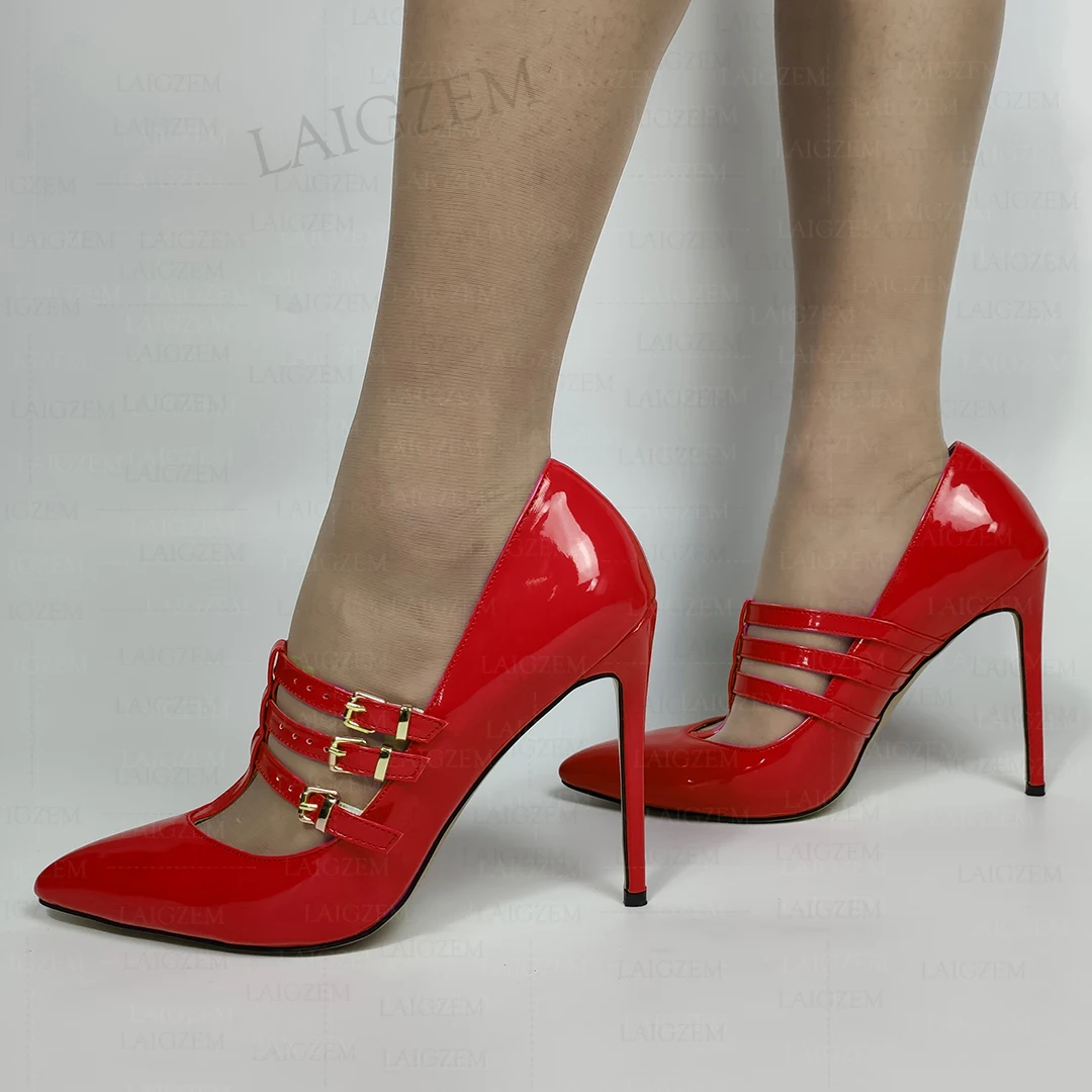 ZHIMA-Women-Pumps-Shiny-Pointed-Toe-Buckle-Straps-Thin-High-Heels ...
