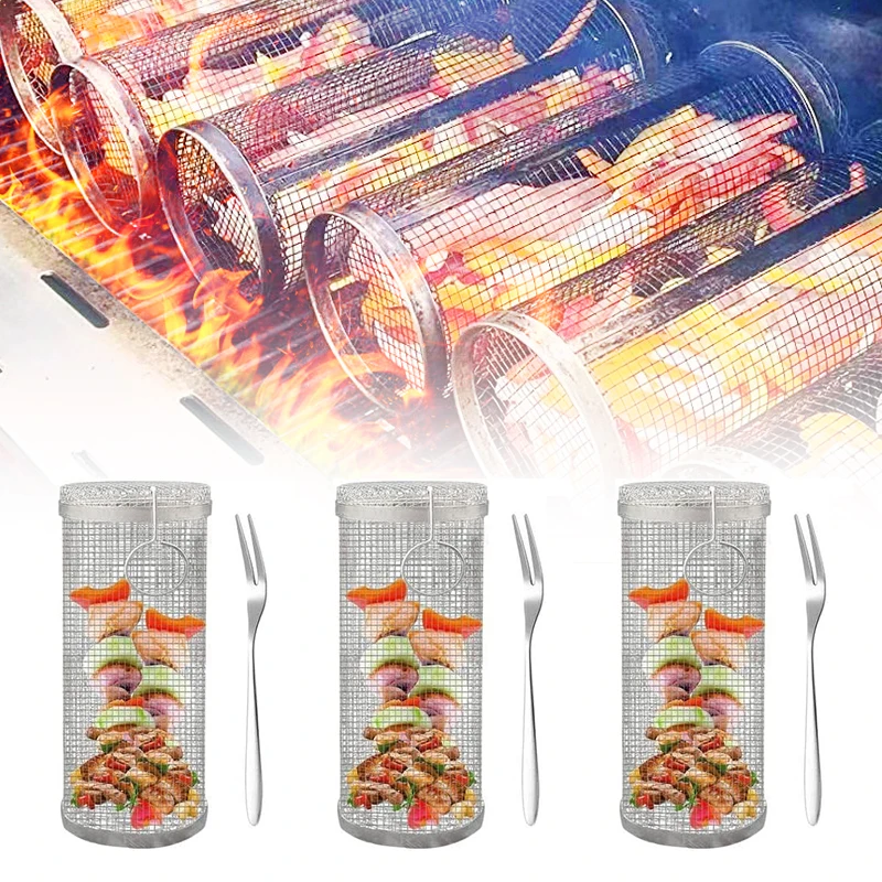 BBQ-Rolling-Grilling-Basket-Outdoor-Camping-Campfire-Grid-Picnic ...