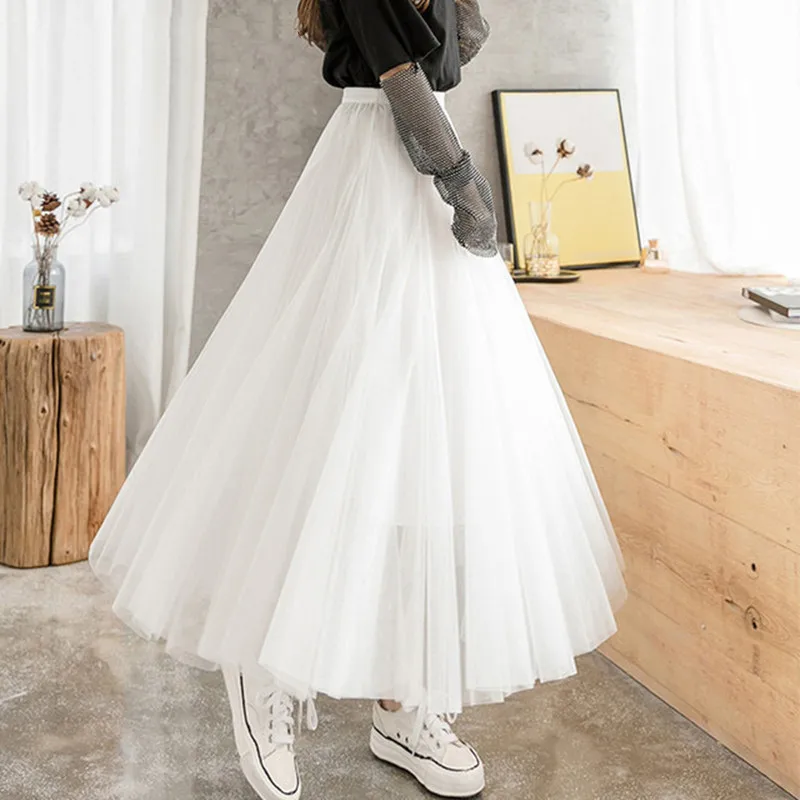 Women Maxi Long Mesh Skirt Korean Clothes Summer Vintage Elastic Waist ...