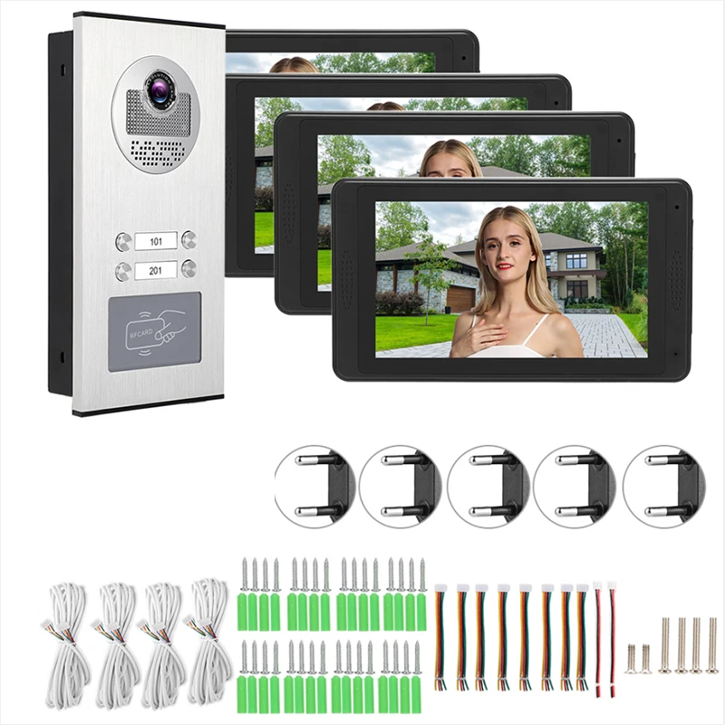 7-Video-Door-Phone-Intercom-System-RFID-Access-Doorbell-Camera-for-4 ...