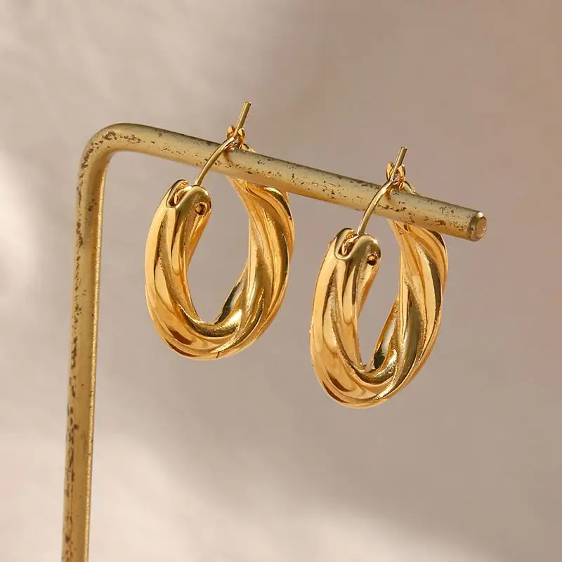 Waterproof-Stainless-Steel-18k-Gold-Plated-Texture-Chunky-Gold-Hoops ...