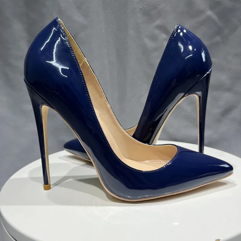 Patent Leather Blue Pumps Super High Heels Women Pointed Toe Stiletto ...