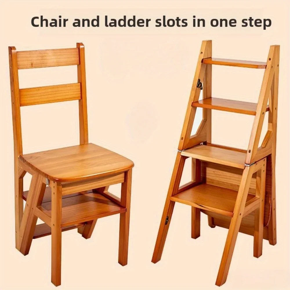 Foldable 4-Step Wooden Ladder Stool - Multi-Functional Home Step ...
