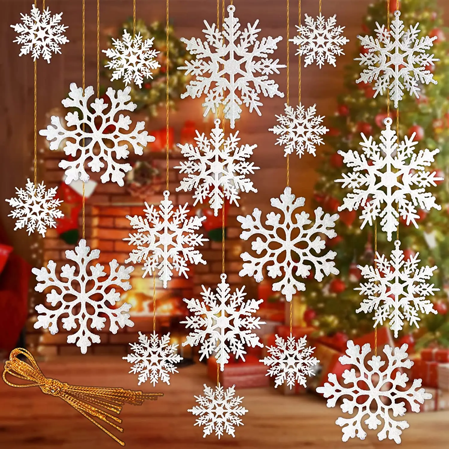 12pcs Christmas Glitter Snowflake Strings Christmas Tree Hanging ...