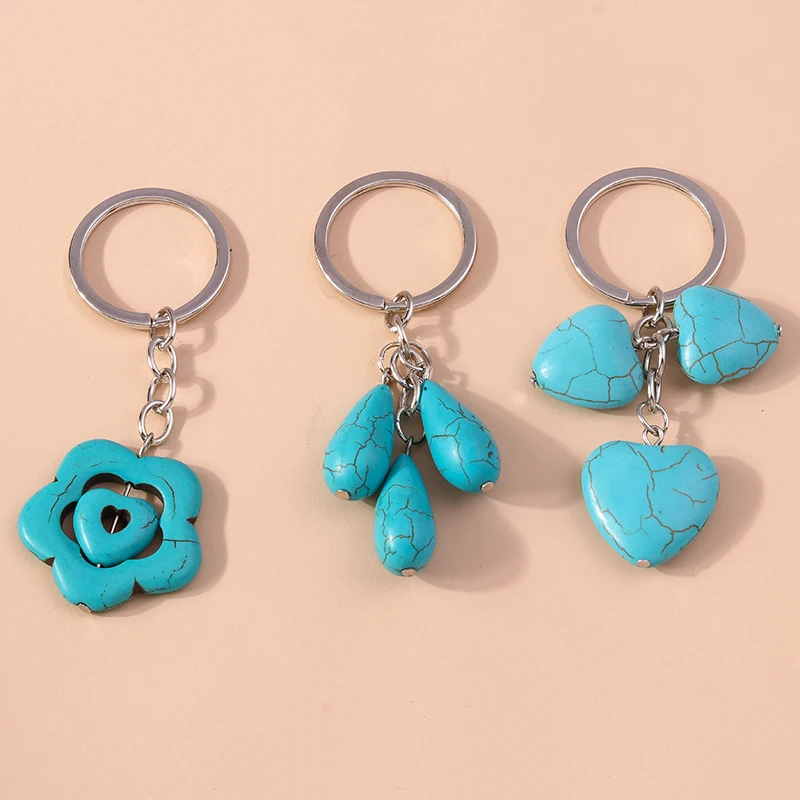 Retro Ethnic Turquoise Flower Keychain Love Heart Key Ring Pendants for ...