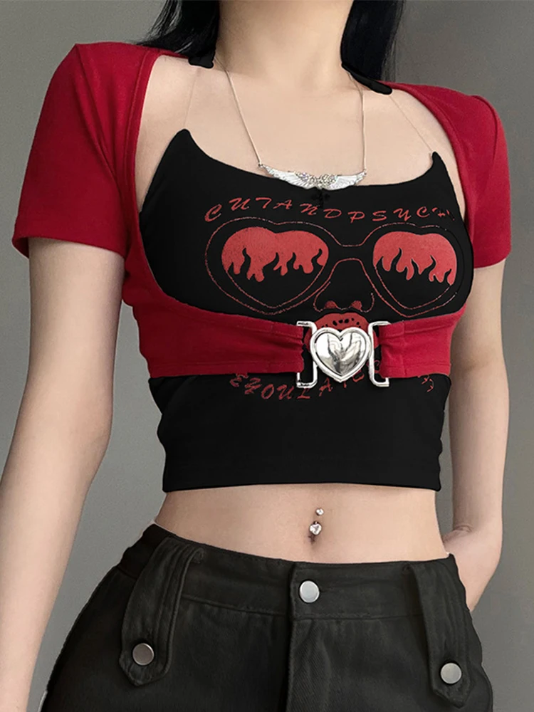 Gothic Y2k Crop Top Women Summer Short Sleeve Halter T Shirt Female ...