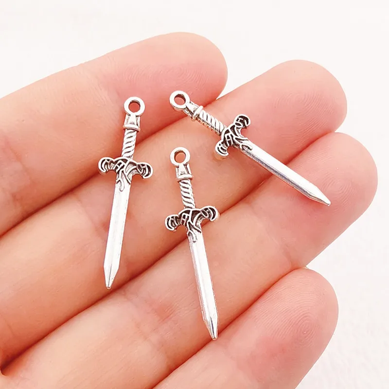 JINDINSP-16Pcs-34x10mm-Antique-Silver-Swords-Knife-Charms-Pendants ...
