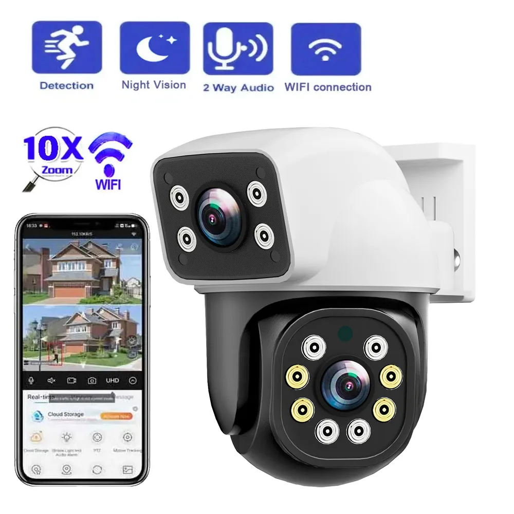 4K WIFI IP Camera Dual Lens Dual Screen Cam Outdoor Auto Tracking Two ...