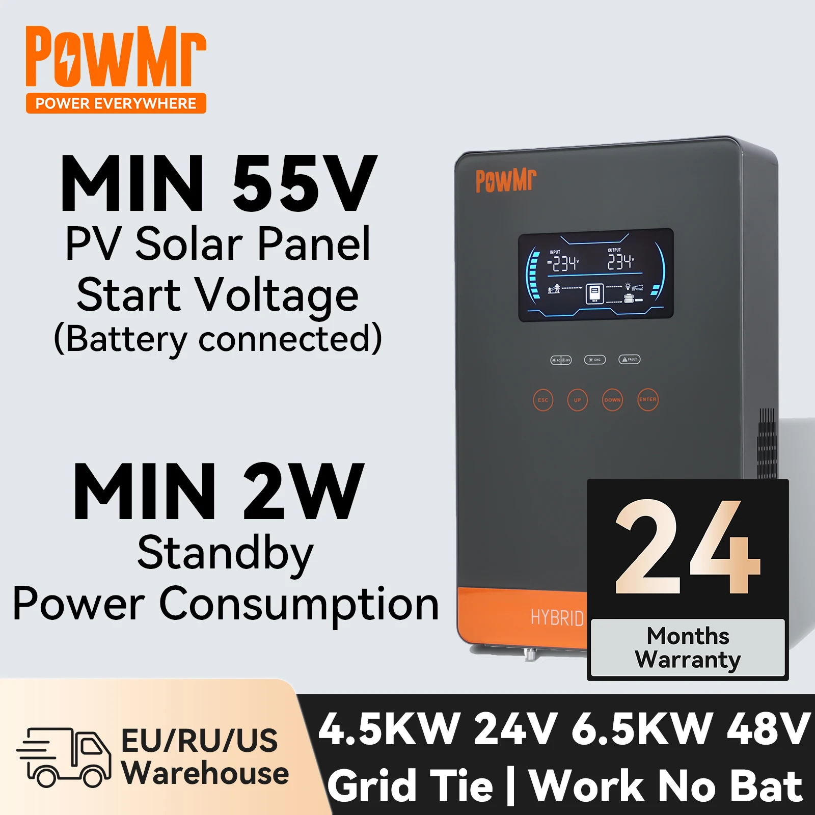 PowMr 4.5/6.5KW Hybrid Solar Inverter 24V 48V MPPT 150/130A Solar Inverter Pure Sine Wave AC ...