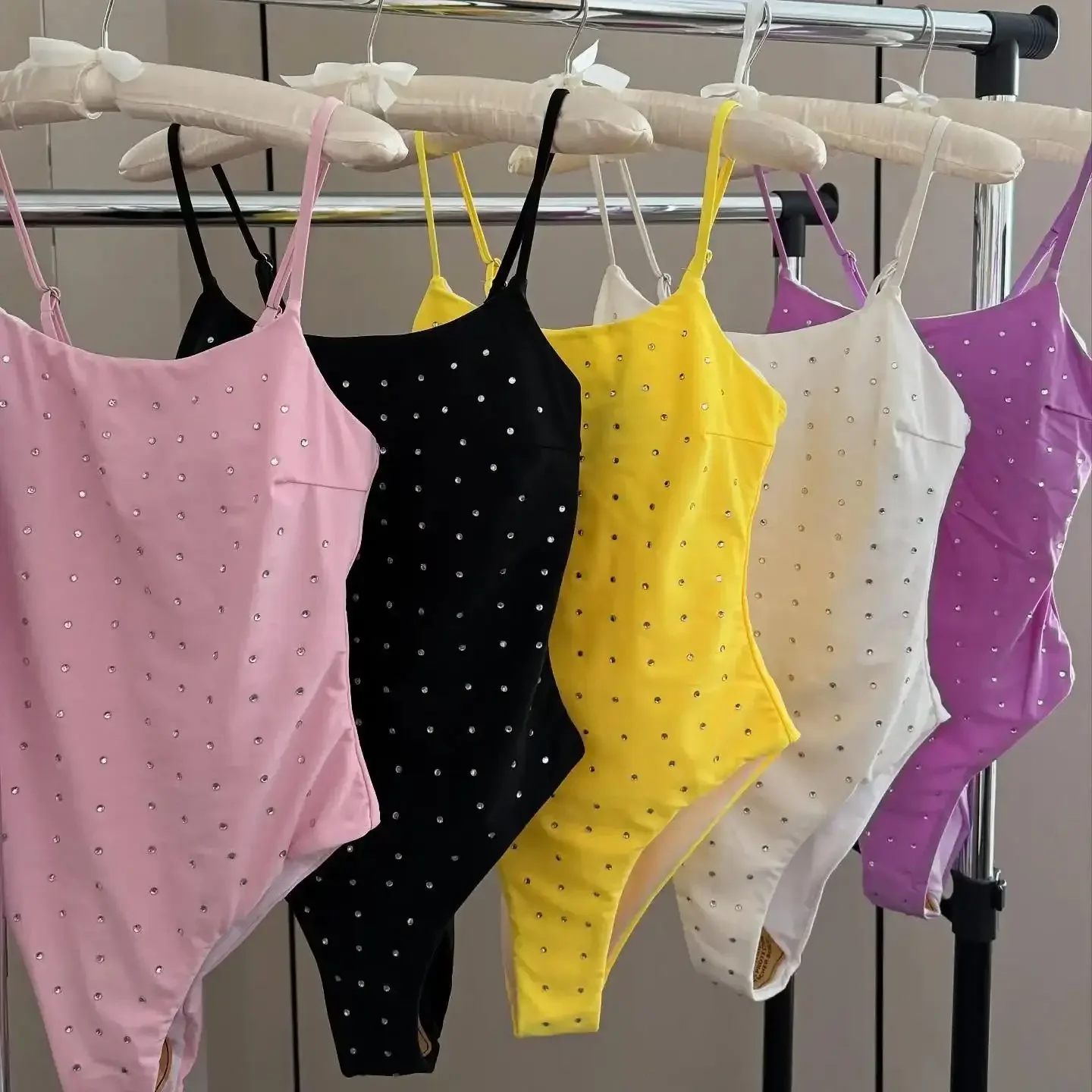 Soild Rhinestone One Piece Swimsuit Women Sexy Bodysuit Crystal ...