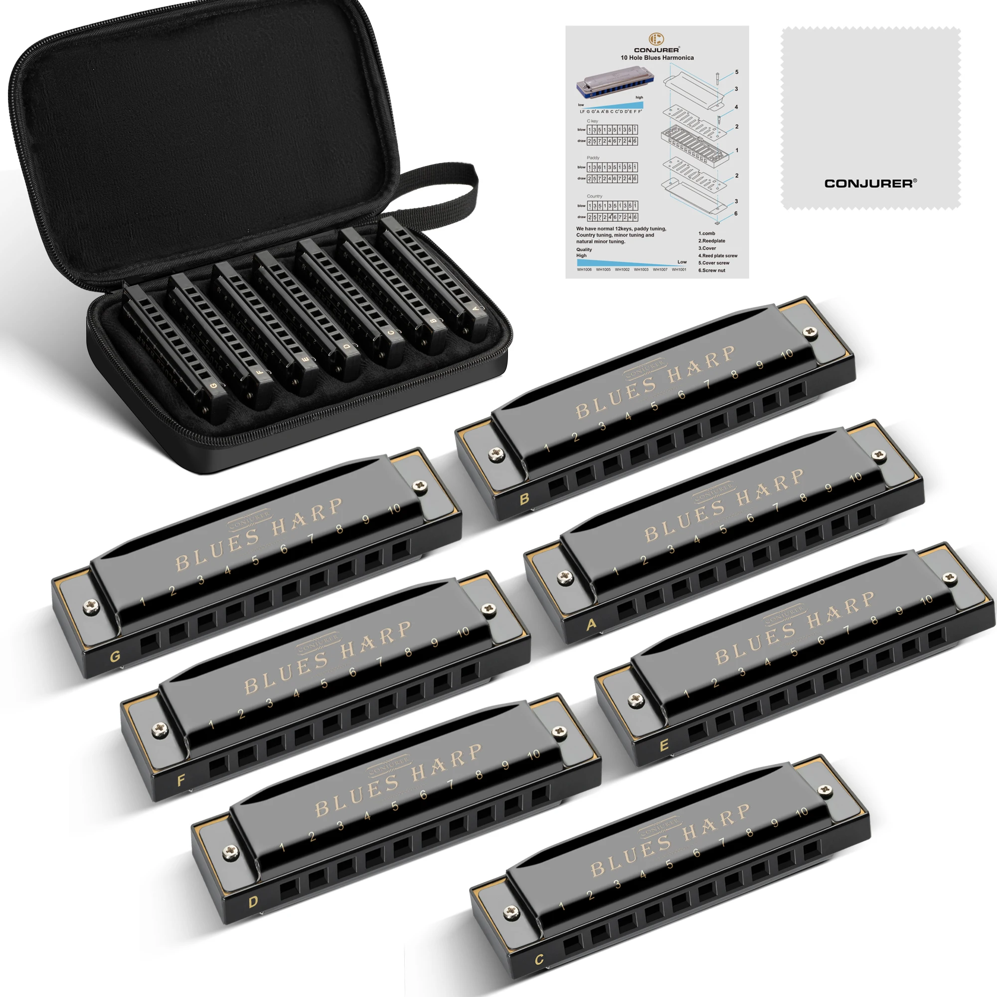 Conjurer-10-hole-blues-harmonica-set-of-7-keys-with-case-for-beginner ...