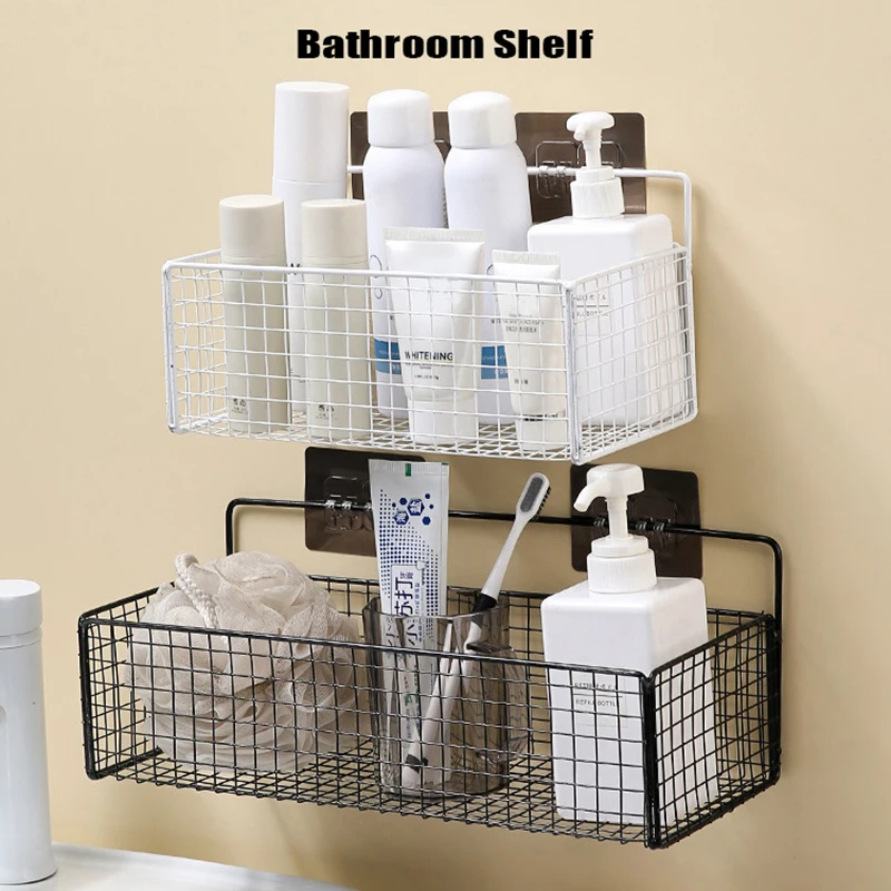 Black-Wall-Mounted-Bathroom-Shelf-Shower-Shampoo-Rack-Kitchen-Condiment ...