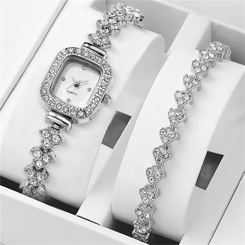2piece-set-Ladies-Luxury-Diamond-Set-Square-Shell-Face-Quartz-Watch ...