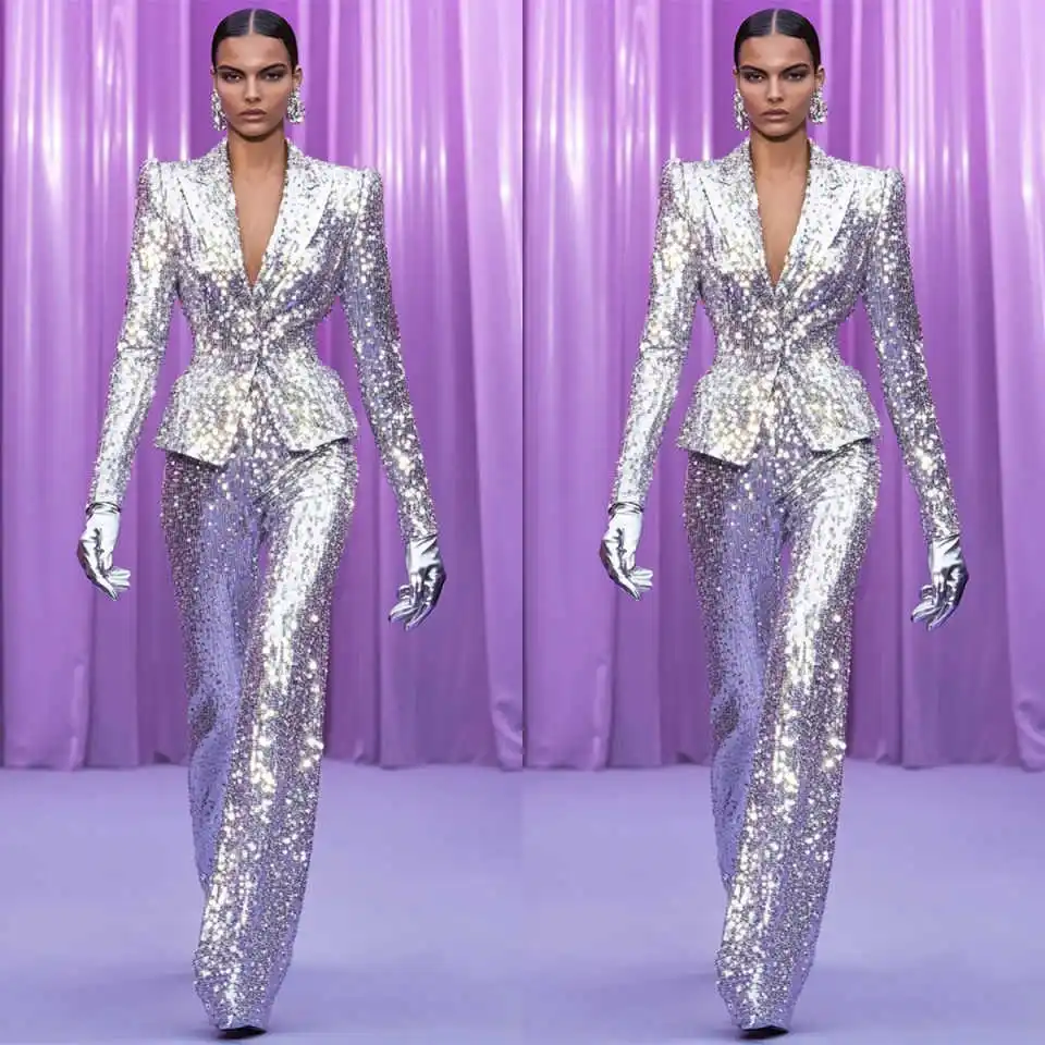 Silver Glitter Women Pants Sets Customized Slim Fit Girls Prom Evening ...
