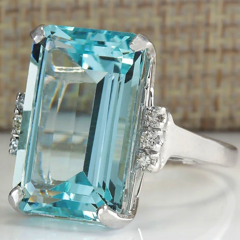 New Fashion Trend Square Light Blue Crystal Zircon Silver Color Ring ...