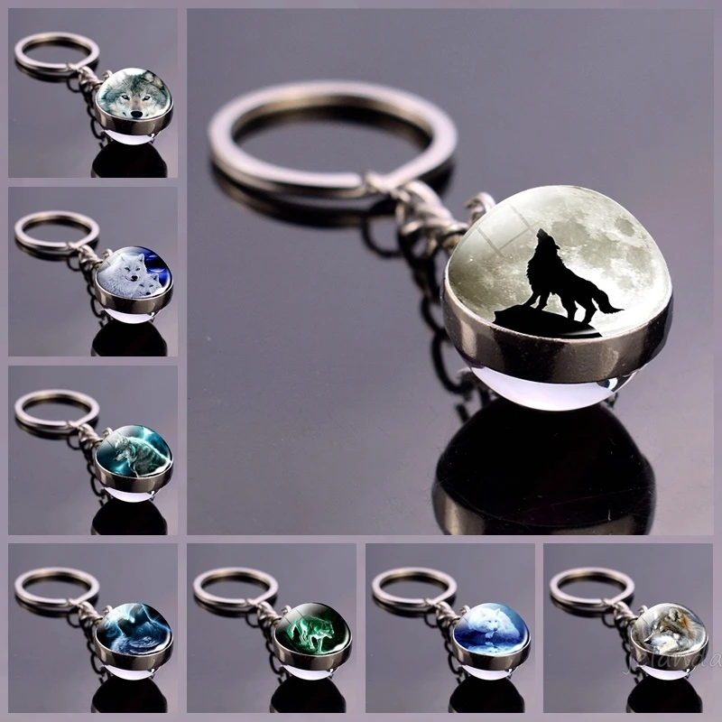 Wolf and Moon Keychain Glass Ball Pendant Crystal Ball Jewelry Fashion ...