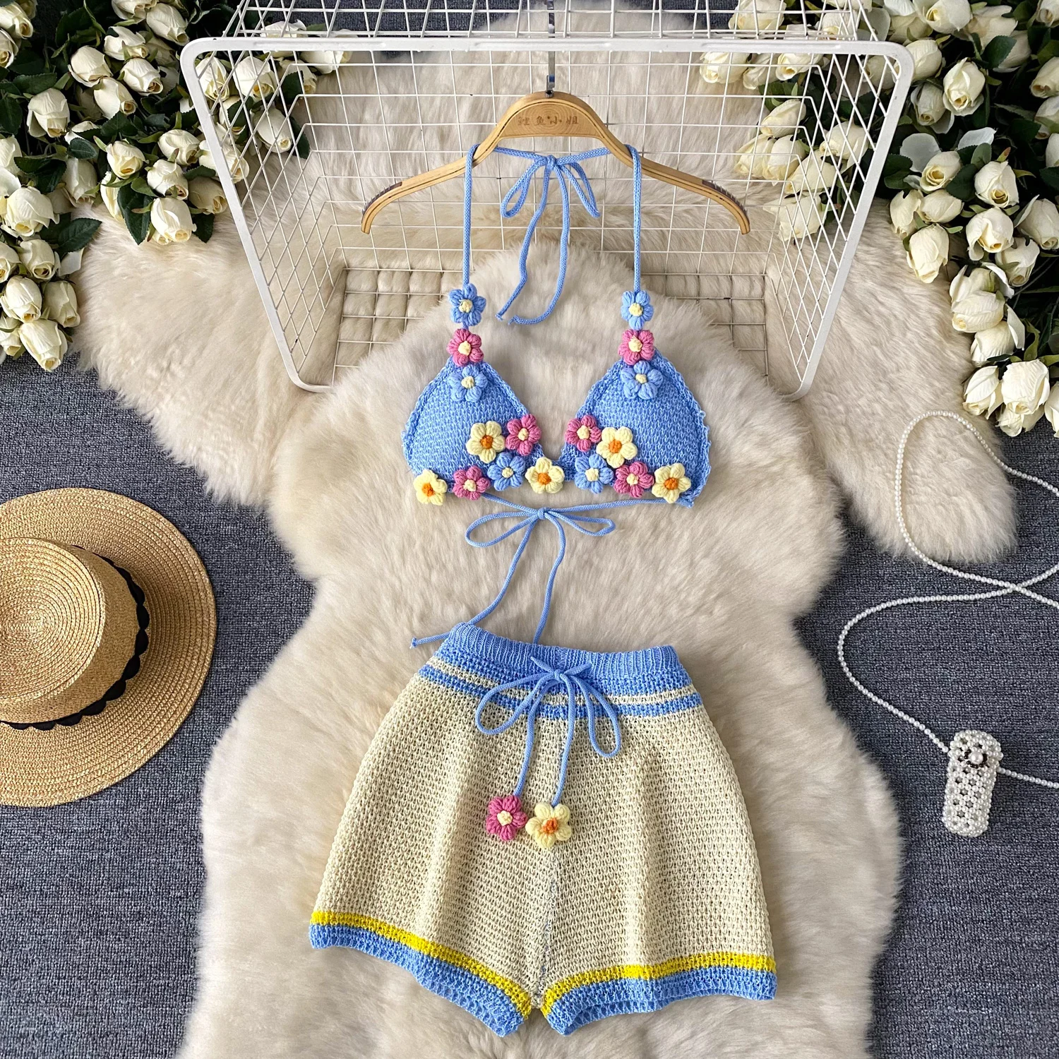 Beach-Vacation-Spicy-Girl-Jnitted-2-Piece-Suit-Summer-Suspender-Top ...