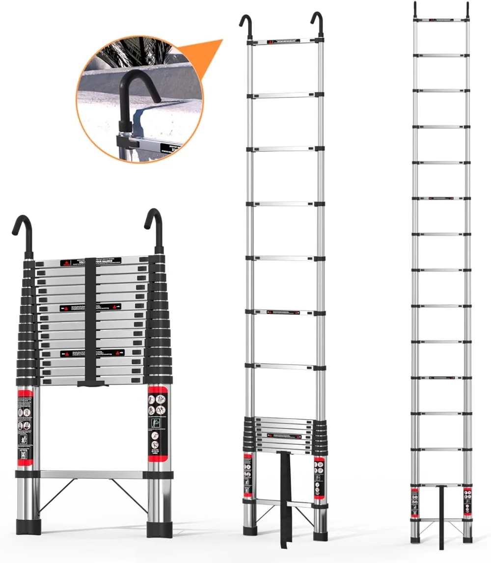 Telescoping-Ladder-14-4ft-Stainless-Steel-Extension-Ladder-with-2-Hooks ...