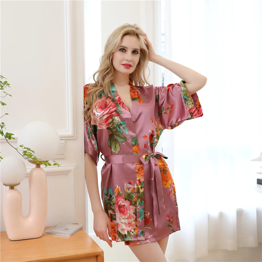 Women-Stain-Floral-Printing-short-sleeve-Belted-Lounge-Robe-Comfortable ...