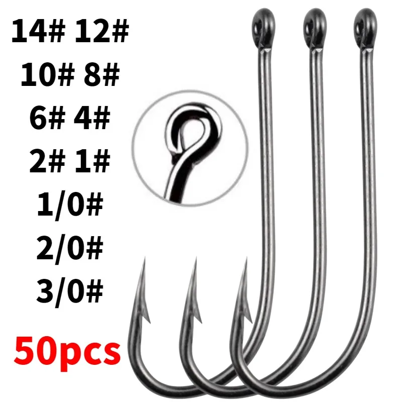 50pcs Long Shank Fishing Hooks Saltwater Fresh Water Circled Fishhooks ...