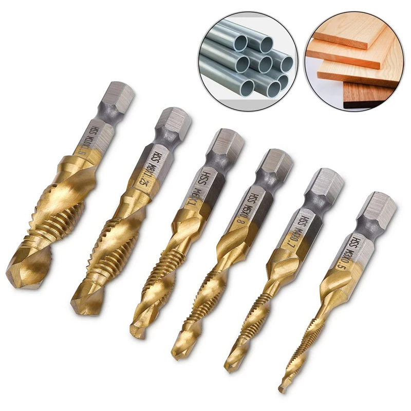 1-6Pcs-Tap-Drill-Bit-Set-Hex-Shank-Titanium-Plated-HSS-Screw-Thread-Bit ...