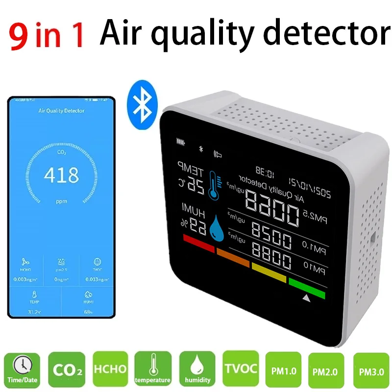 9 in 1 BT Air Quality Monitor CO2 Meter Carbon Dioxide Detector Time ...
