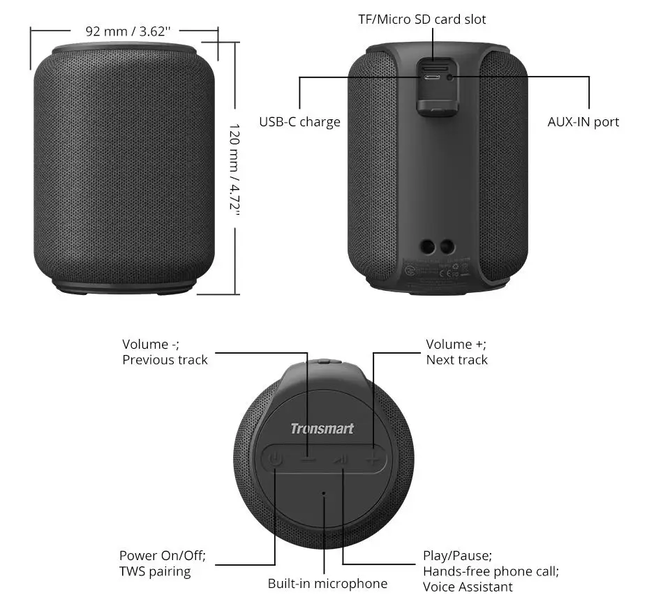 Parlante Bluetooth Tronsmart T6 mini - waterproof ipx6- 24hrs musica ...