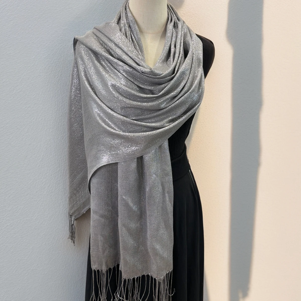 A solid color silver silk tassel scarf for parties, dances, dinners ...