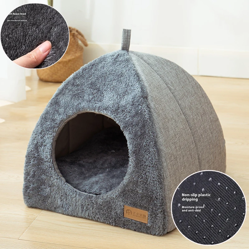 Soft Cat Bed Foldable Kitten House Semi-enclosed Indoor Cats Cave Warm ...