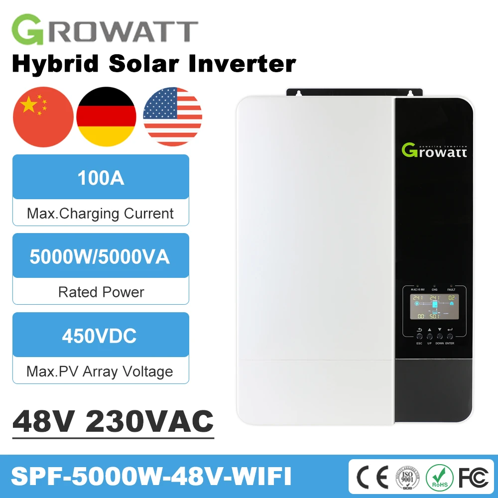 Growatt Hybrid Solar Inverter 5KW 48V 230V MPPT 100A Reine Sinus Welle Off Grid Solar Inverter ...