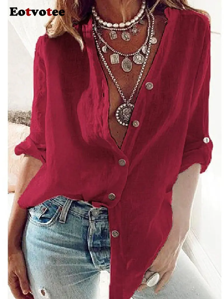 Red-5XL-Long-Sleeve-Blouse-Ladies-Tops-Button-Up-Shirts-Women-Oversized ...