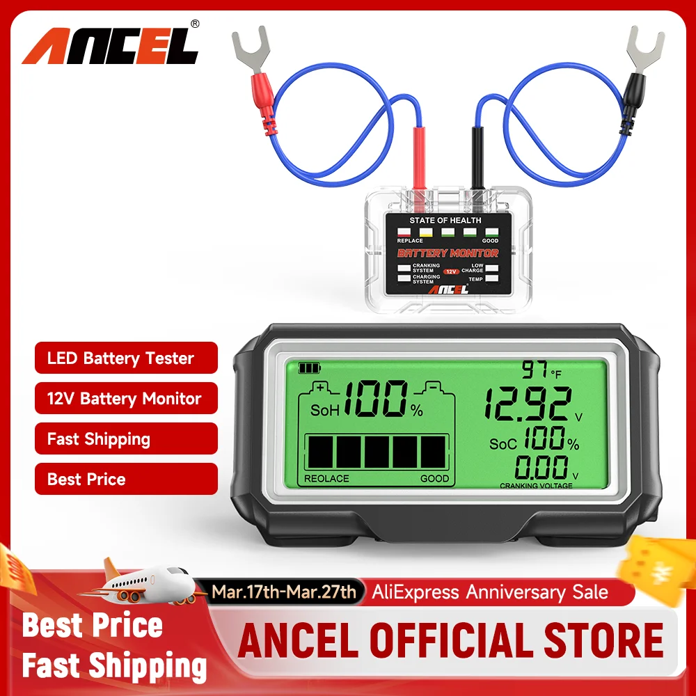 ANCEL BM200 PRO LED Battery Tester Monitor Display Battery Health SOH ...