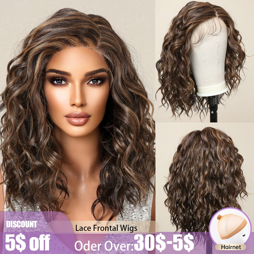 Lace-Front-Synthetic-Wigs-Preplucked-Curly-Wave-Brown-Golden-Highlight ...
