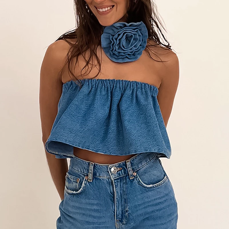 Fashion-Denim-Tube-Tops-Women-Off-Shoulder-Flower-Design-Loose-Casual ...
