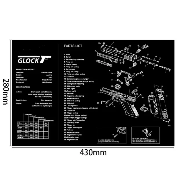 Glock Gen4 Gen5 42 43 Gun Cleaning Mat Gunsmith With Parts Diagram and ...