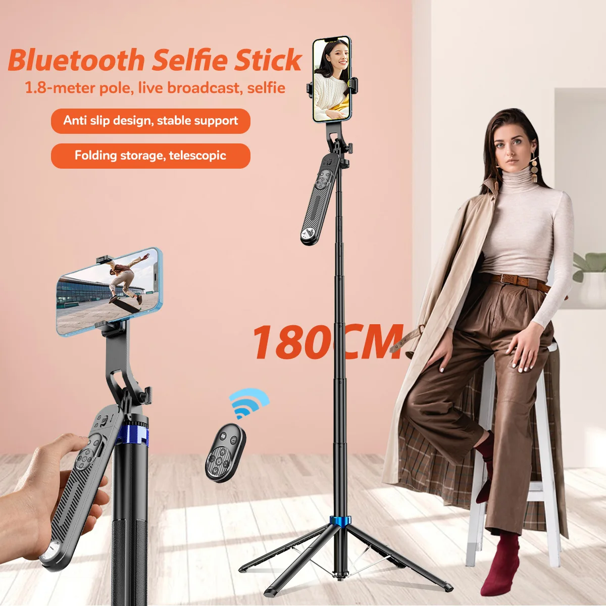 1.8M Selfie Stick Tripad Bluetooth Extendable Four Legged 360 Rotation ...