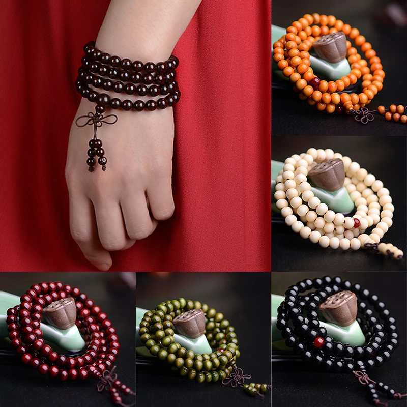 108 Beads Natural Sandalwood Buddhist Bracelets Buddha Prayer Wood Beaded Bracelet Knot 4-Layer ...