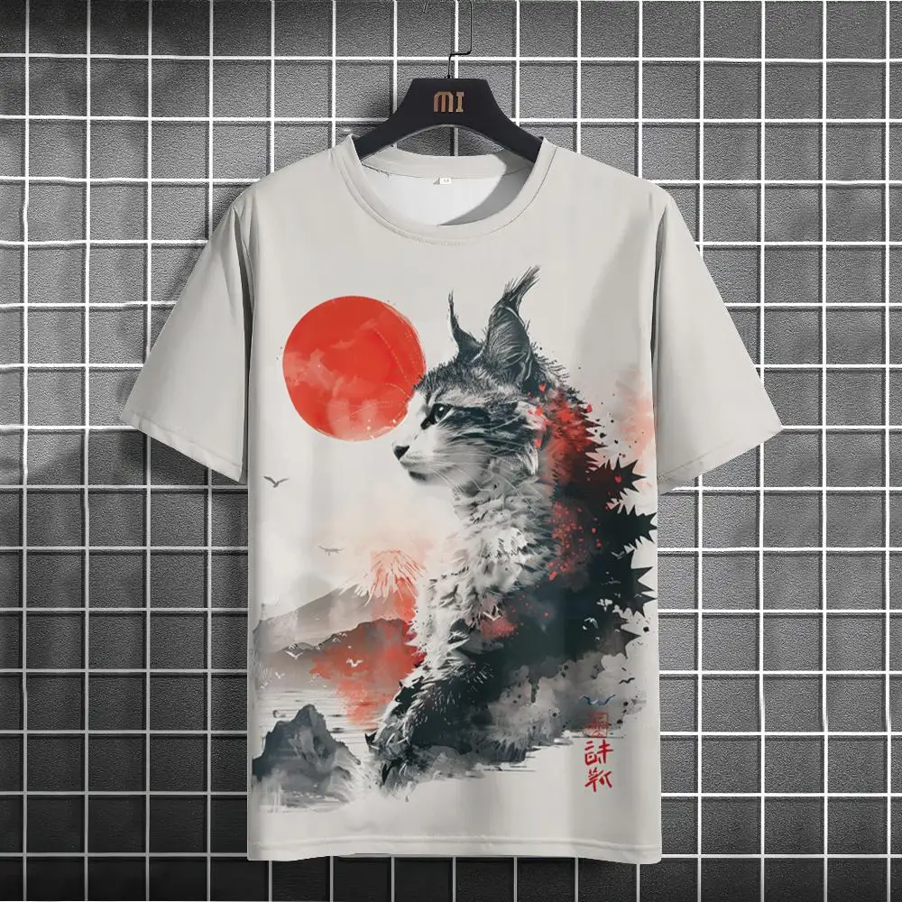 Japanese Style T-Shirt For Men Godzilla And The Cat Graphic T Shirts 3D ...