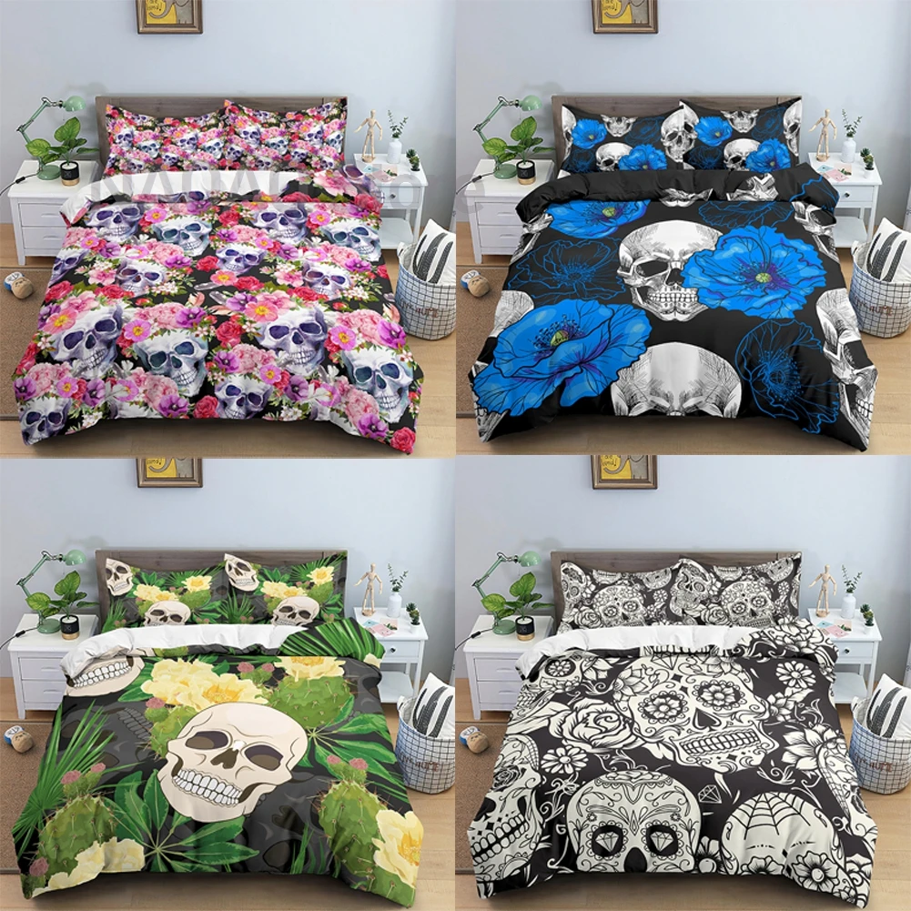 Punk Bedding Set 3D Skull Duvet Cover Floral Skull Quilt Cover With ...