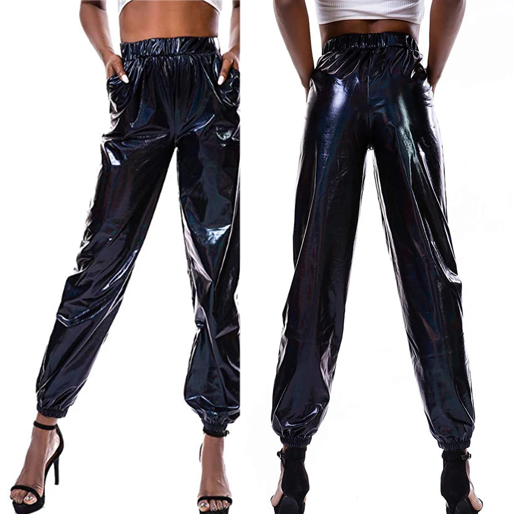 2022 High Waist Metallic Shiny Jogger Casual Holographic Color Pants ...