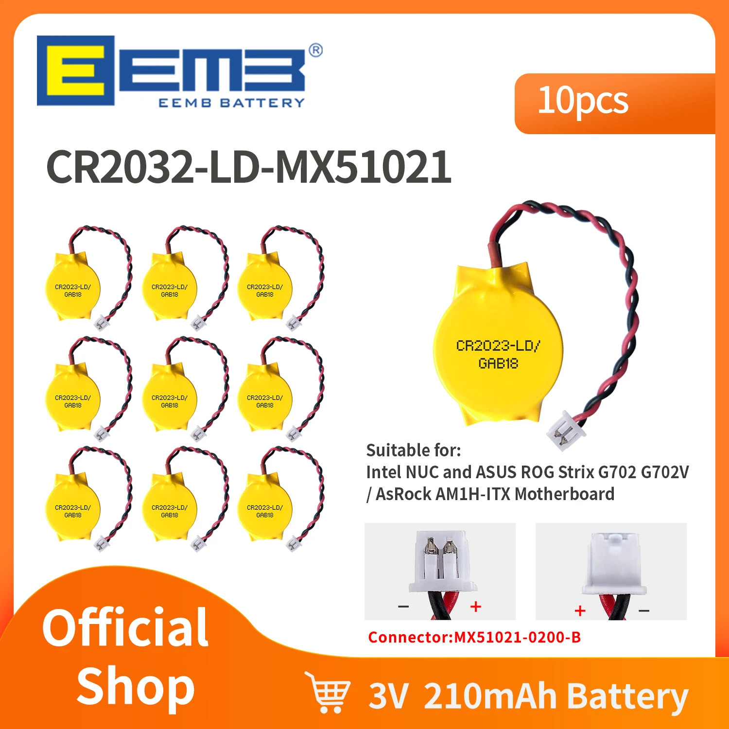 EEMB-Lot de 10 batteries CR2032, 3V, 2 broches, avec câble CR2016 CMOS ...