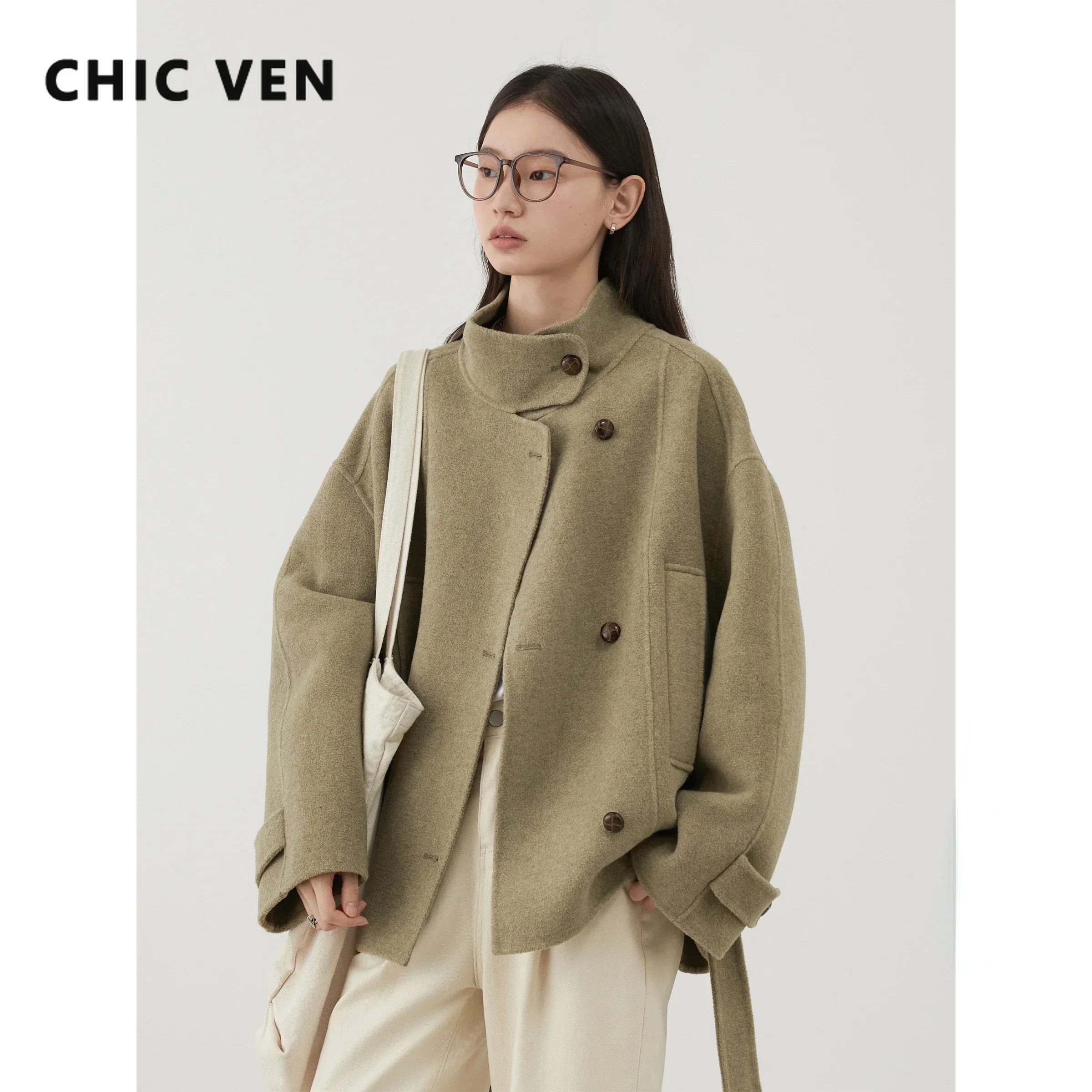 CHIC-VEN-Women-s-Double-sided-Belt-Woolen-Coat-Short-Loose-Overcoat ...
