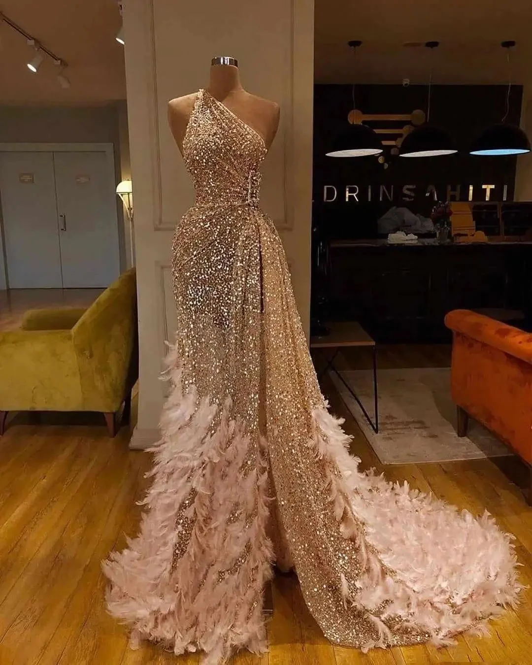 Feather Glitter Sequin Mermaid Prom Dress Champagne High Side Split ...