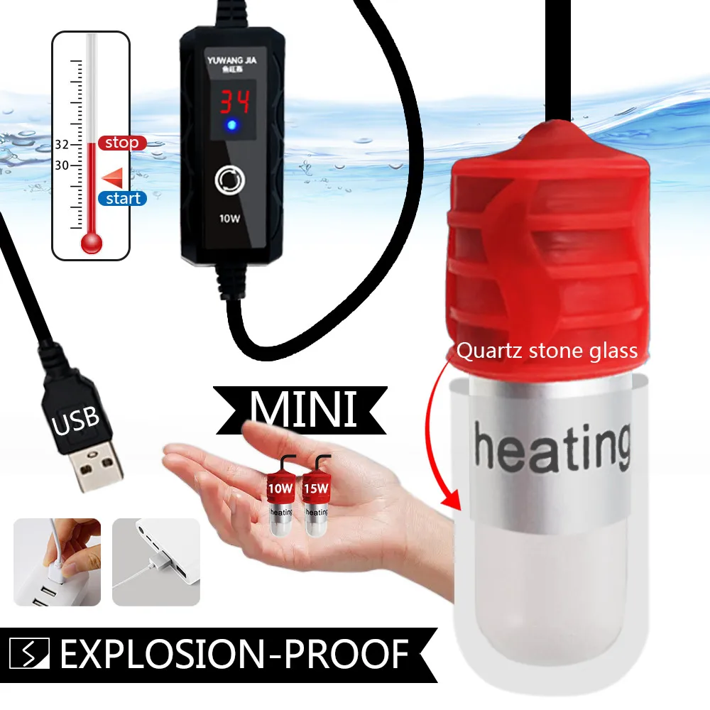 USB Mini Fish Tank Aquarium Heating Rod 10W 15W Submersible Thermostat ...