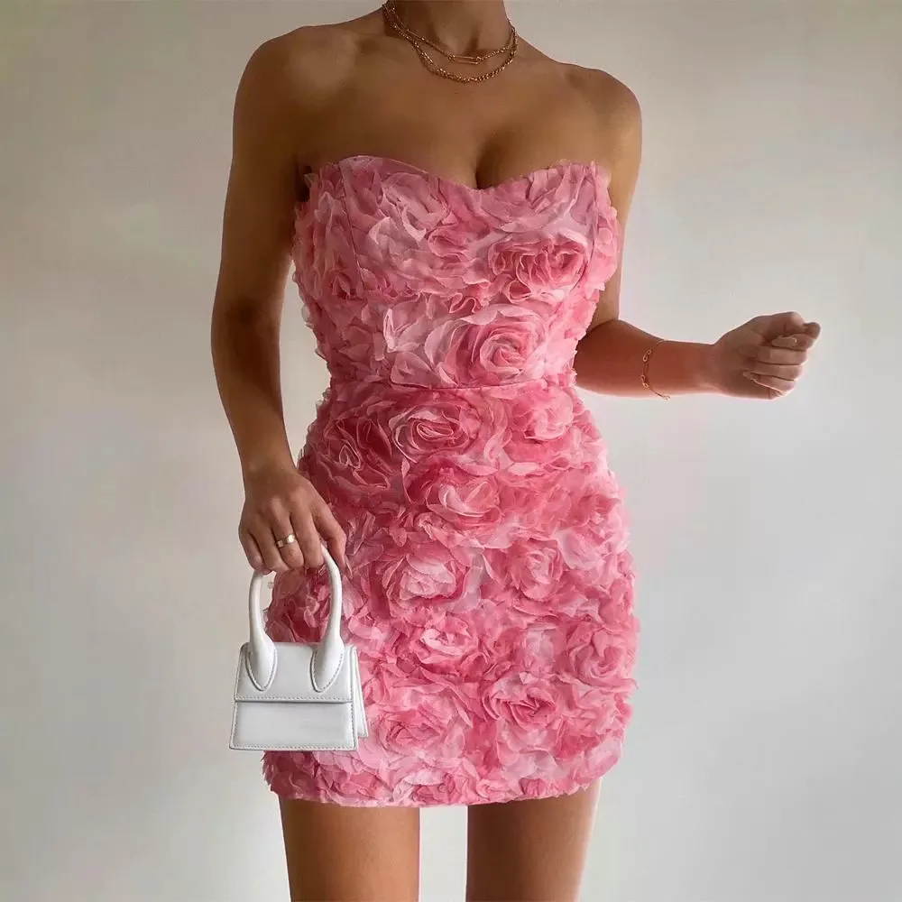 Women's New Fashion Strapless Sleeveless Off Shoulder Flower Slim Dress ...