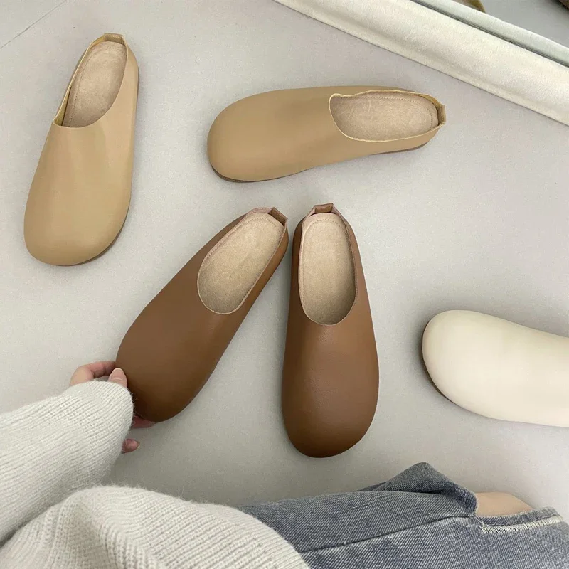 Artificial Leather Mule Slides Woman Retro Elegant Flat Loafers Ladies ...