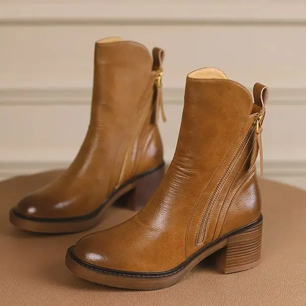 Botas-cortas-de-cuero-con-punta-redonda-y-tac-n-grueso-para-mujer ...