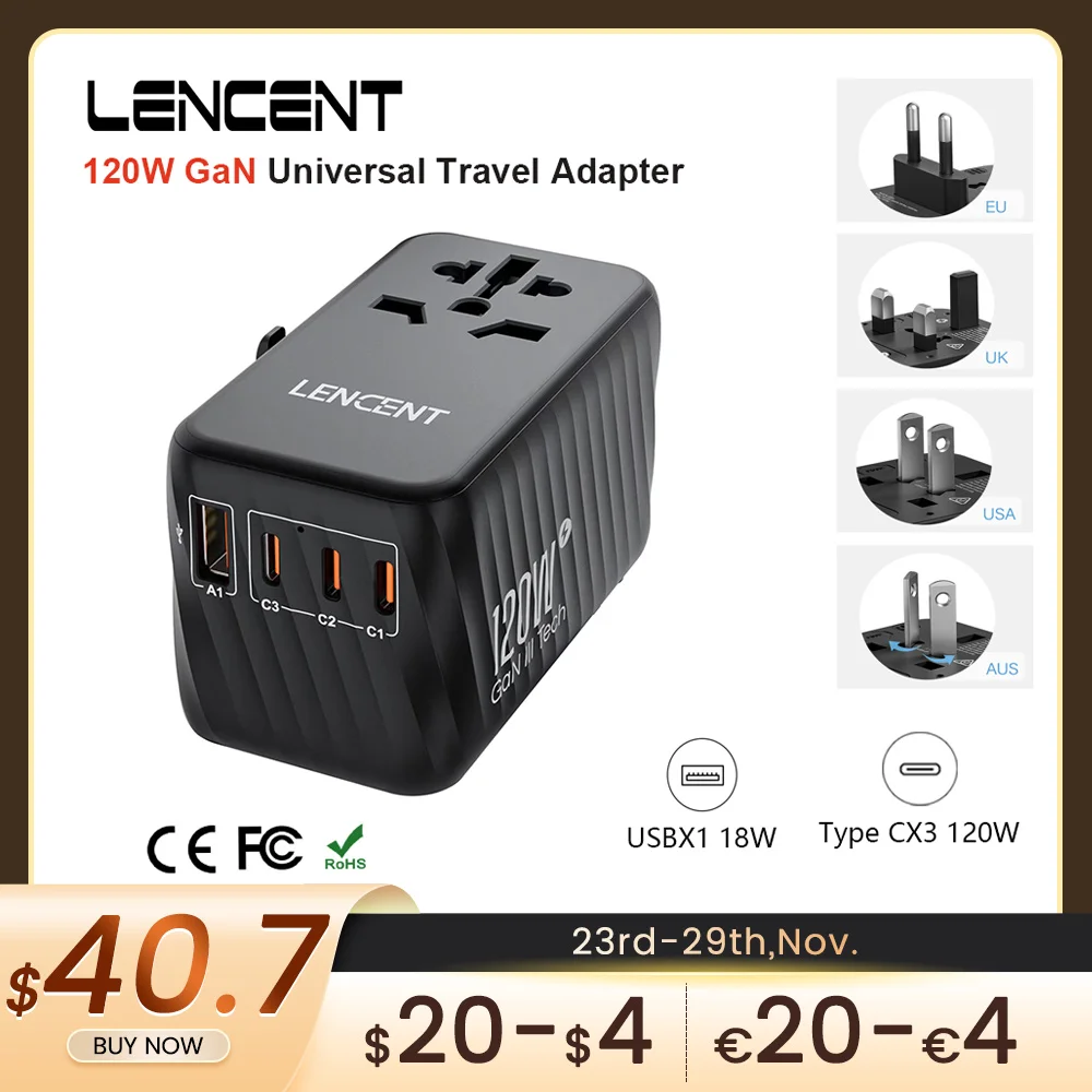 LENCENT-120W-GaN-Universal-Travel-Adapter-with1-USB-A-3-Type-C-Support ...